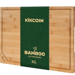 bamboo cutting boards for kitchen, extra large wood cutting board with deep juice groove and handle heavy duty chopping board, kikcoin, 17.6" x 12"