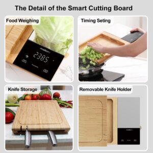 Smart Meal Prep Cutting Board 8 in 1 Functional Bamboo Cutting Board Set with Knife Sharpener Timing Scale Detachable Waterproof Cutting Board for Cooking Baking and Meal Prep