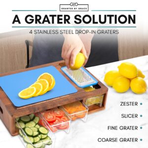 Granted By Grace Acacia Cutting Board with Containers & Lids - Board Meal Prep System w 4 Graters, 2 Plastic Chopping Board for Meat, Juice Grooves & More - Cutting Board Prep Station for Kitchen