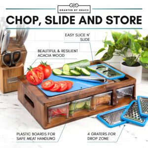 Granted By Grace Acacia Cutting Board with Containers & Lids - Board Meal Prep System w 4 Graters, 2 Plastic Chopping Board for Meat, Juice Grooves & More - Cutting Board Prep Station for Kitchen