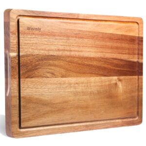 wood cutting boards for kitchen, 17 x 12 inch acacia wooden cutting board, winnsty large wood chopping board with juice groove and handles heavy duty charcuterie board (large)