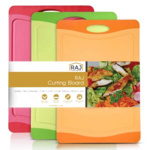 raj plastic cutting board reversible cutting board, dishwasher safe, chopping boards, juice groove, large handle, non-slip, bpa free (x-large, red, green & orange)