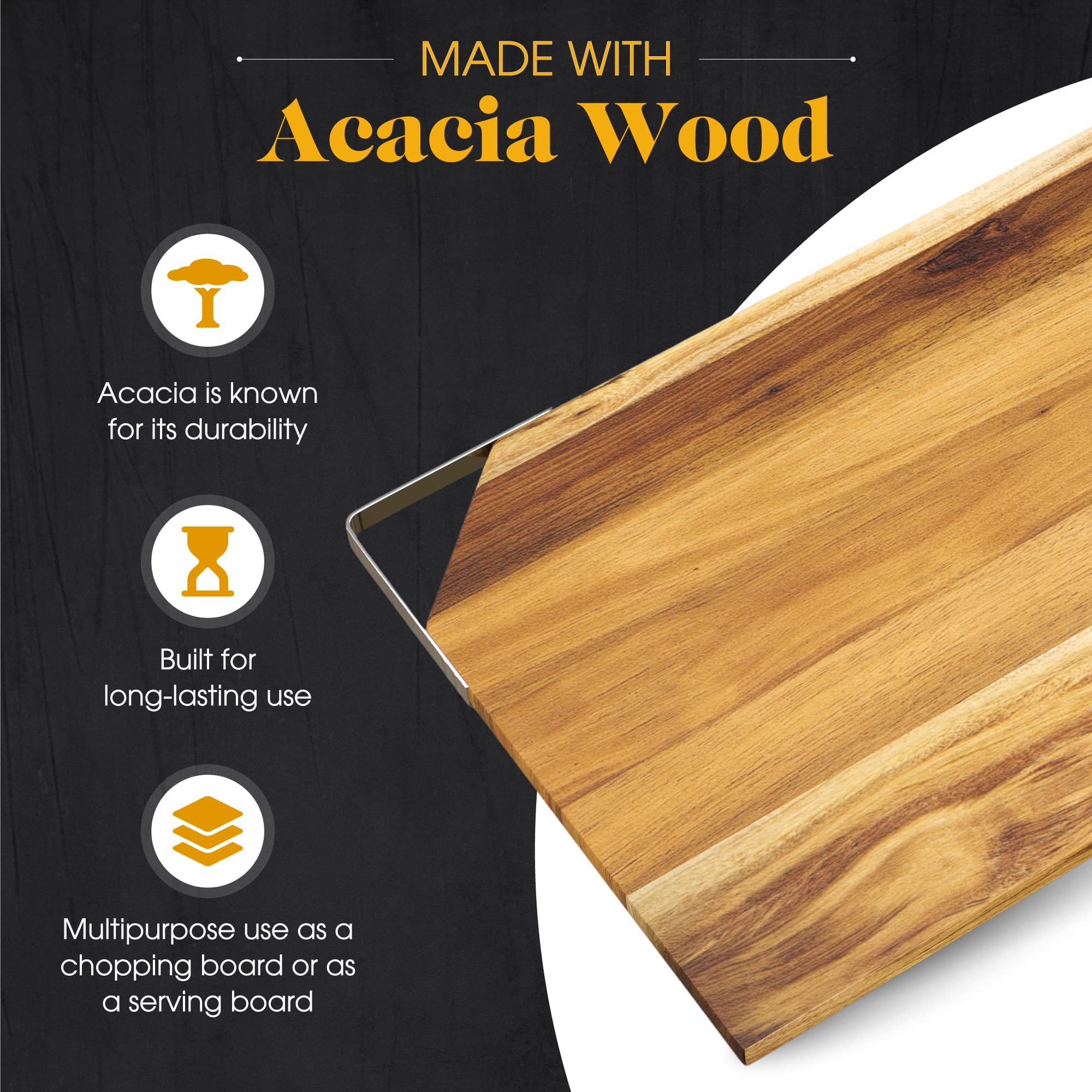 American Atelier’s Acacia Wood Cutting Board with Metal Accent | Large Chopping Board | Serving Tray for Cheese, Meats, Charcuterie Boards | 15.82” x 11.88”