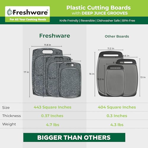 Plastic Cutting Boards for Kitchen, Cutting Board Set of 3, Juice Grooves with Easy Grip Handle, BPA-Free, Non-Porous, Dishwasher Safe, Black Marble