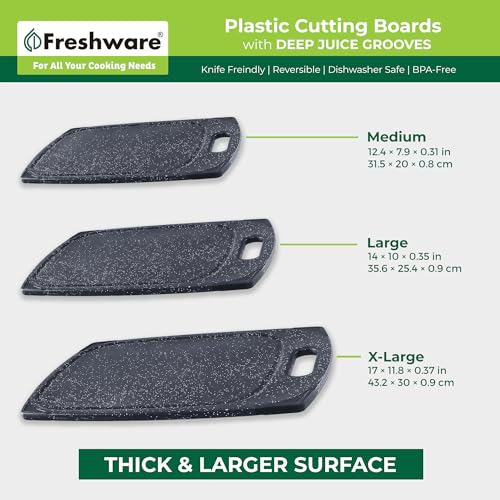 Plastic Cutting Boards for Kitchen, Cutting Board Set of 3, Juice Grooves with Easy Grip Handle, BPA-Free, Non-Porous, Dishwasher Safe, Black Marble