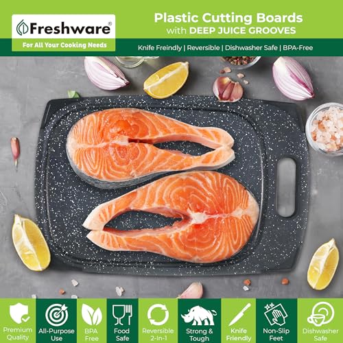 Plastic Cutting Boards for Kitchen, Cutting Board Set of 3, Juice Grooves with Easy Grip Handle, BPA-Free, Non-Porous, Dishwasher Safe, Black Marble