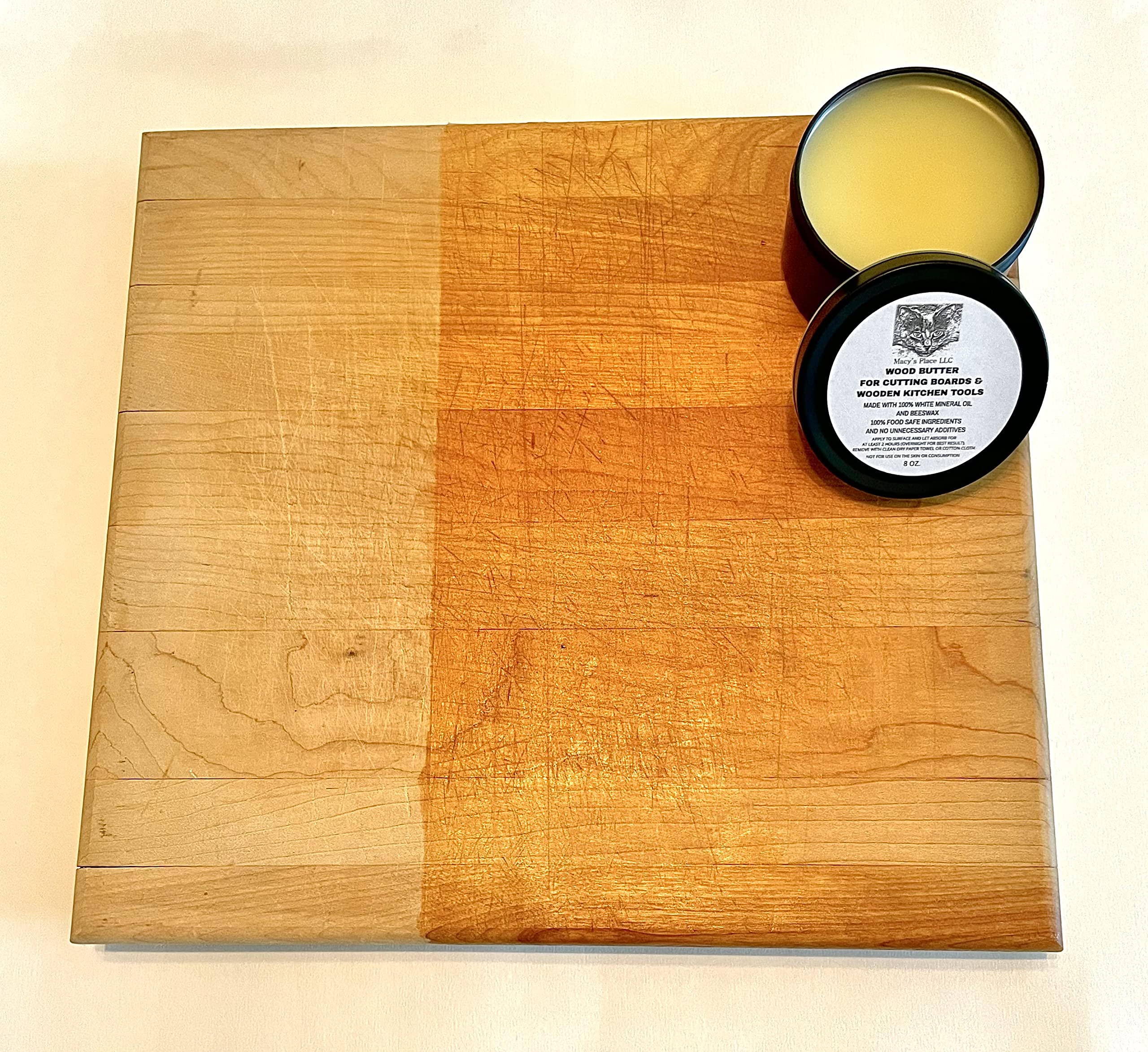 Wood Butter Cutting Board Wax - 8 oz - Conditioner for Butcher Block and Wooden Kitchen Tools. Macy;s Place Food Grade Mineral Oil and Beeswax for Wooden Tools. Support Animal Rescue