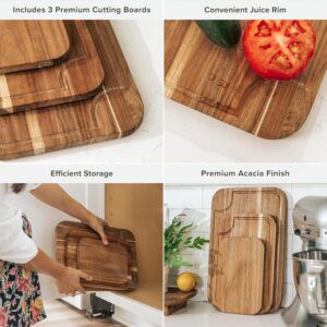 KitchenEdge Premium Acacia Wood Cutting Board Set of 3, Juice Groove and Non-Slip Feet, Thick Wood Trays for cheese, vegetables, meat, fruit, Heavy Duty Construction, Pre Oiled (9x6, 12x8, 15x10 inch)