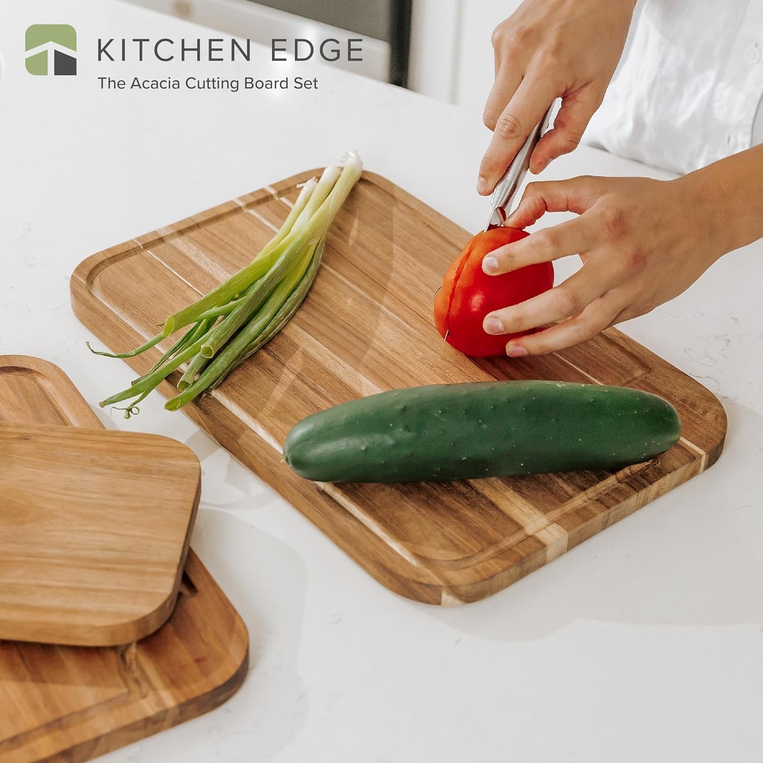 KitchenEdge Premium Acacia Wood Cutting Board Set of 3, Juice Groove and Non-Slip Feet, Thick Wood Trays for cheese, vegetables, meat, fruit, Heavy Duty Construction, Pre Oiled (9x6, 12x8, 15x10 inch)