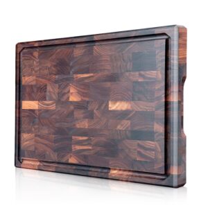 cocoboss walnut cutting boards for kitchen chopping board end grain cutting board premium black walnut wood cutting board with juice groove, non-slip feet & handles(13.5 x 9.4 x 1.0 inch, gift box)