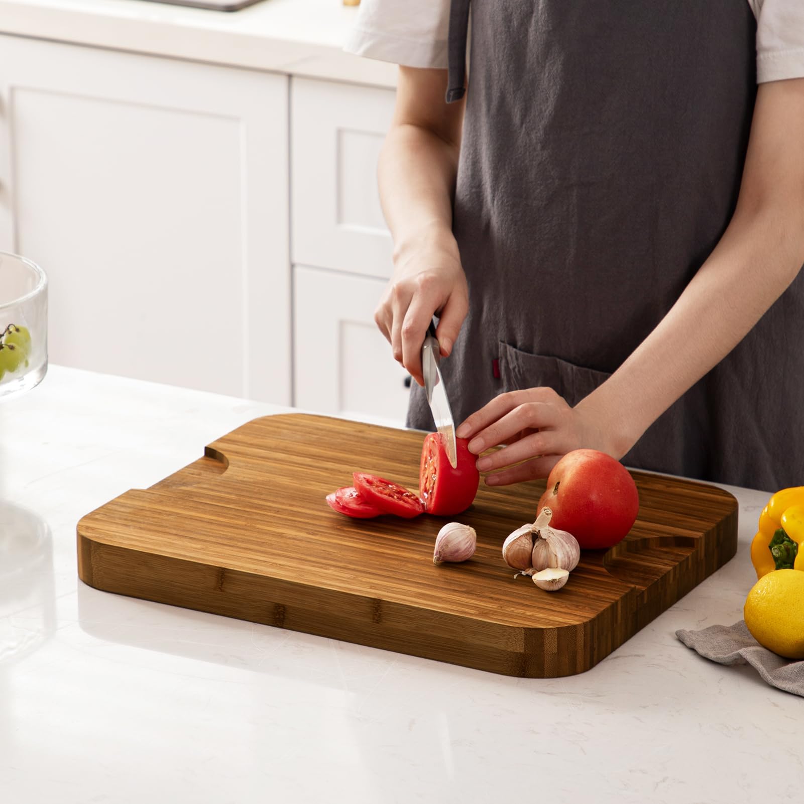 eletecpro Turkey Cutting Board with Grid Grip, Large 17x13x1.5 Inch Bamboo Steak Carving Board, Thick Butcher Block Reversible with Deep Juice Drip Grooves, Thick Serving Tray, Coffee