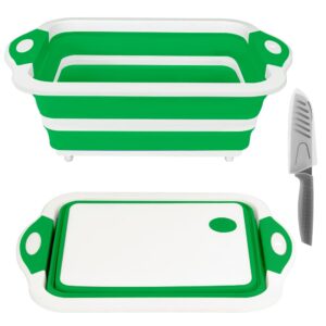 collapsible cutting board, foldable chopping board with colander, multifunctional kitchen vegetable washing basket silicone dish tub for bbq prep/picnic/camping(green)