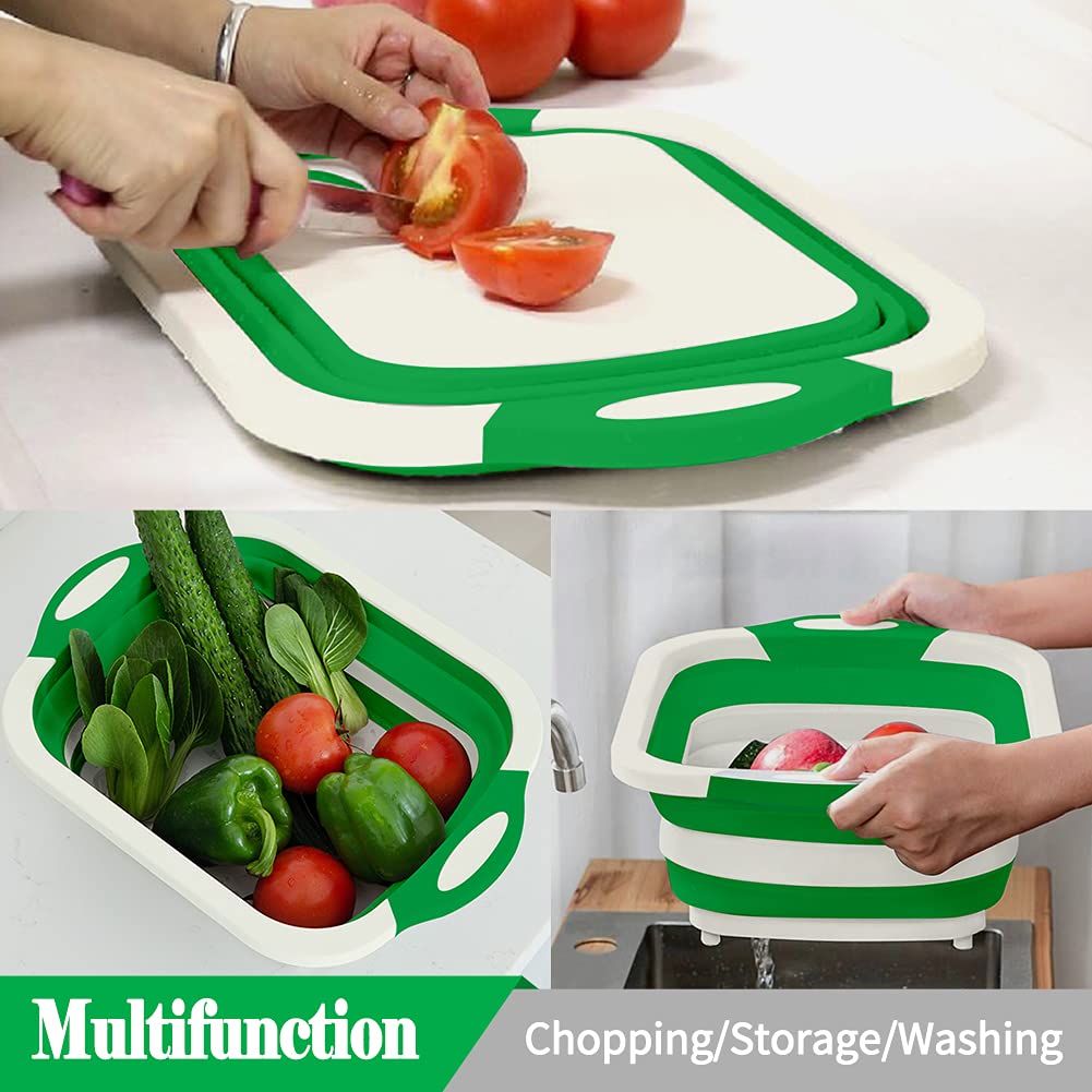 Collapsible Cutting Board, Foldable Chopping Board with Colander, Multifunctional Kitchen Vegetable Washing Basket Silicone Dish Tub for BBQ Prep/Picnic/Camping(Green)