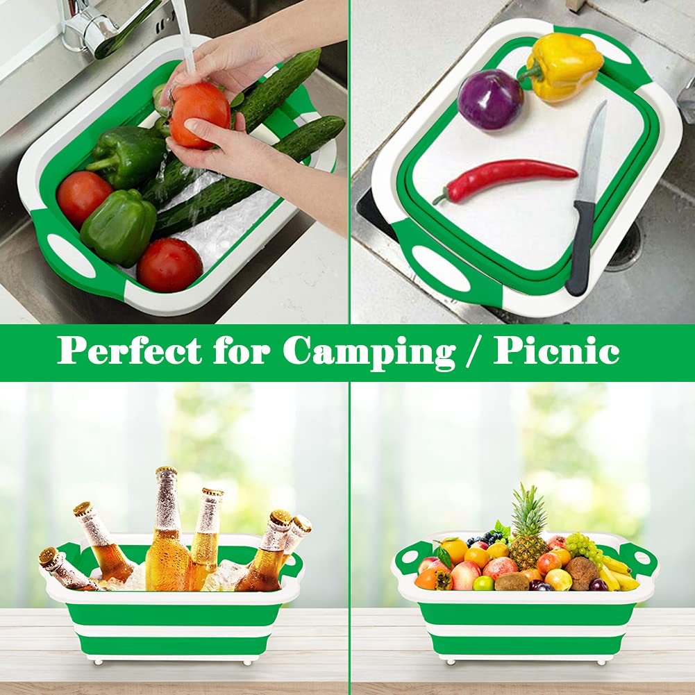 Collapsible Cutting Board, Foldable Chopping Board with Colander, Multifunctional Kitchen Vegetable Washing Basket Silicone Dish Tub for BBQ Prep/Picnic/Camping(Green)