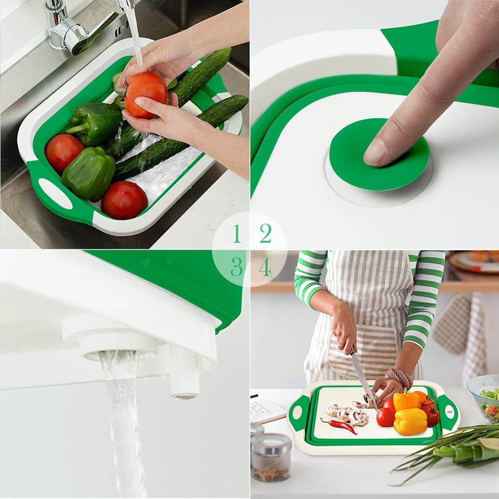 Collapsible Cutting Board, Foldable Chopping Board with Colander, Multifunctional Kitchen Vegetable Washing Basket Silicone Dish Tub for BBQ Prep/Picnic/Camping(Green)