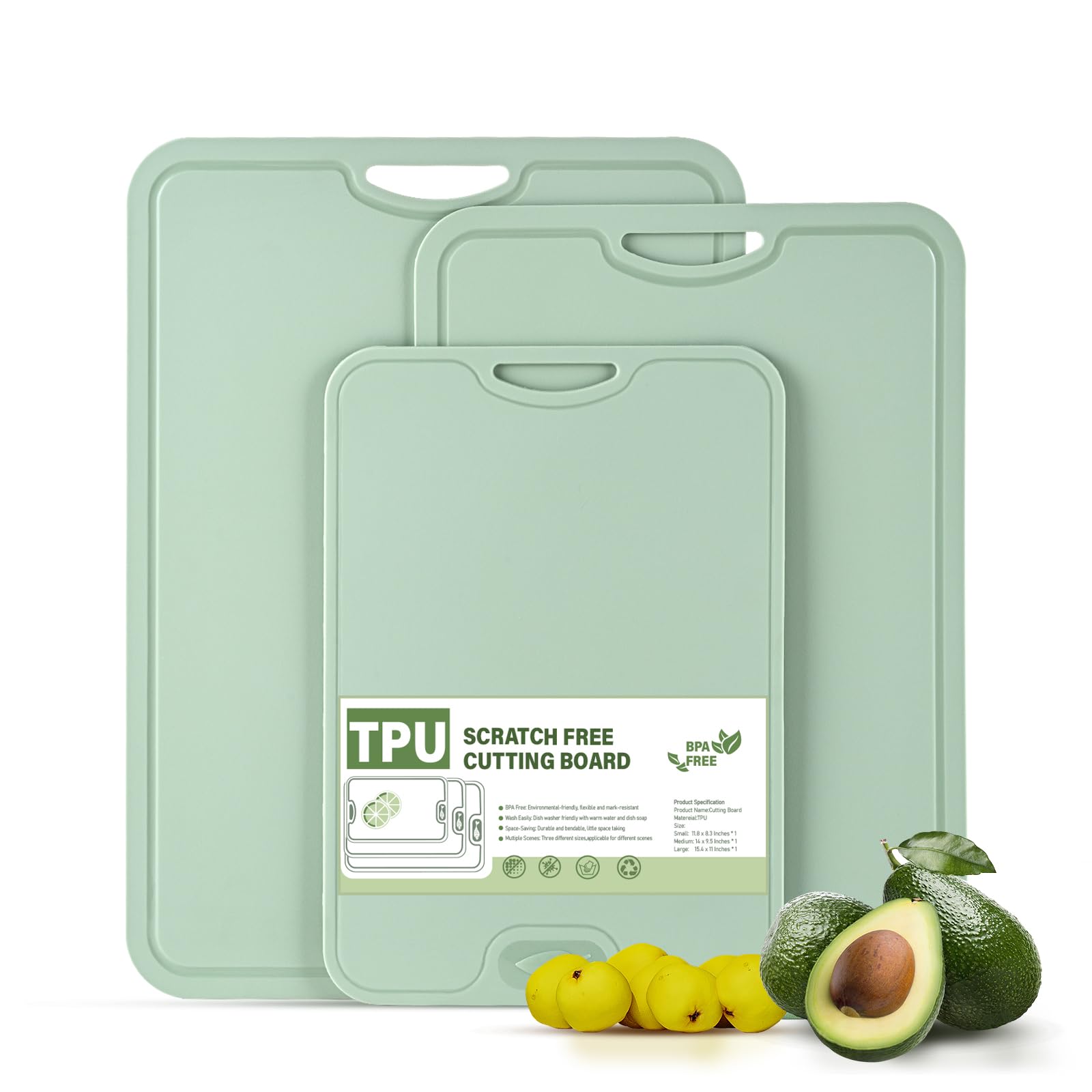 TPU Cutting Boards for Kitchen, Chopping Board Set of 3, Non Slip Cutting Boards with Juice Groove, Knife Mark Resistant Chopping Mat, BPA Free, Dishwasher Safe, Space Saving Camping Cutting Board