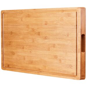 extra large cutting board for kitchen, bezia 23" x 18" thick chopping butcher block with juice groove, 100% natural bamboo cheese charcuterie carving serving board tray for meat, fruit, & snacks