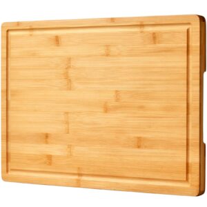 bamboo cutting board for kitchen, 18" large wood charcuterie cheese board, wooden chopping block with side handles and juice grooves