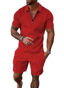 birw l red mens short sets 2 piece outfits fashion summer tracksuits casual set polo shirt short sleeve and shorts set