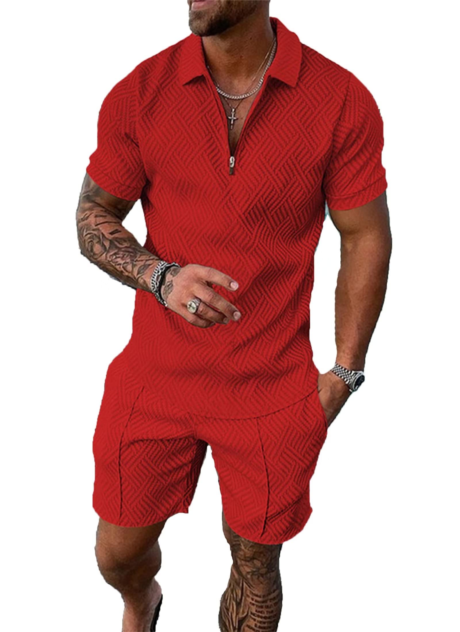 BIRW L Red Mens Short Sets 2 Piece Outfits Fashion Summer Tracksuits Casual Set Polo Shirt Short Sleeve and Shorts Set