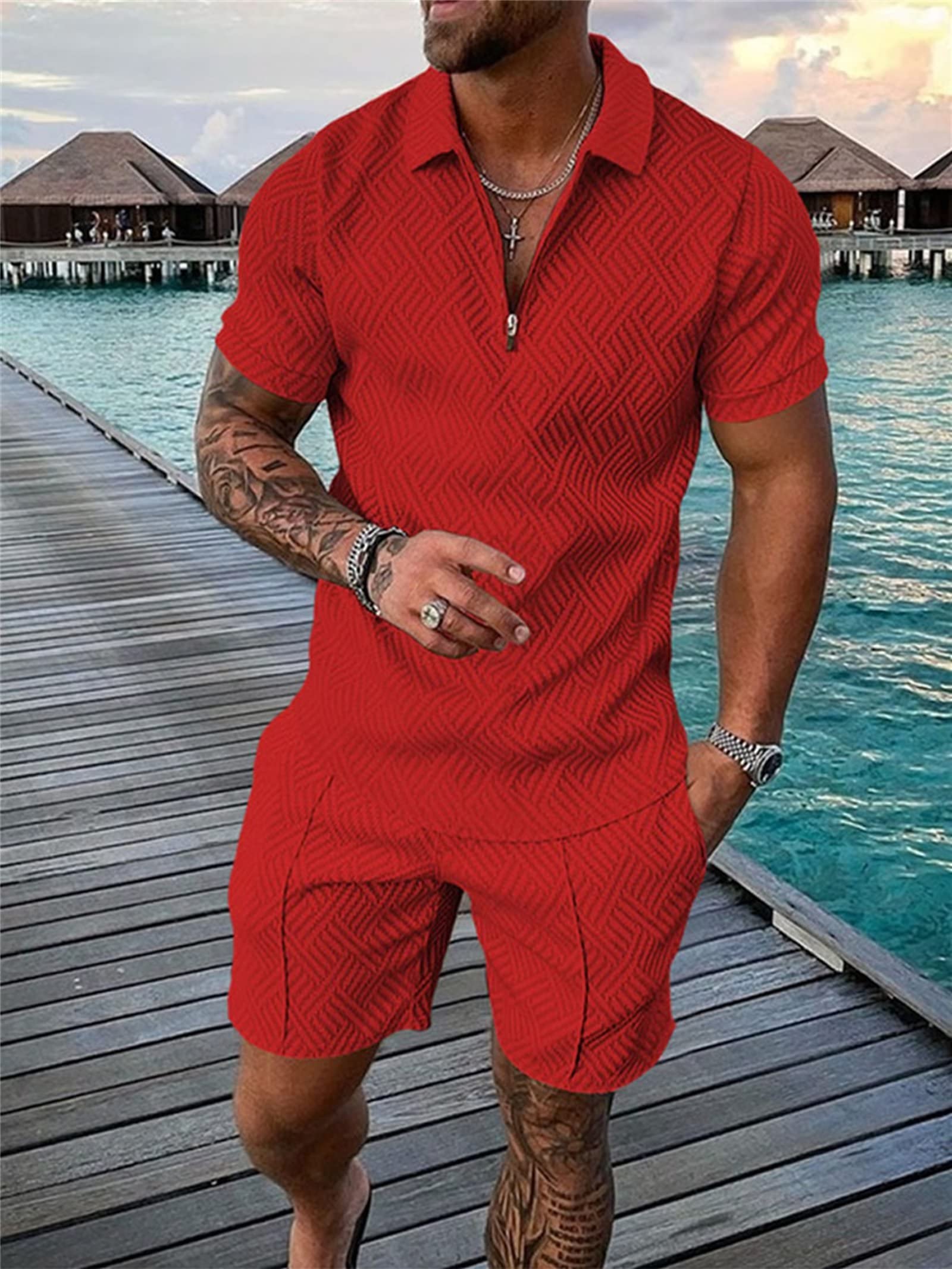 BIRW L Red Mens Short Sets 2 Piece Outfits Fashion Summer Tracksuits Casual Set Polo Shirt Short Sleeve and Shorts Set