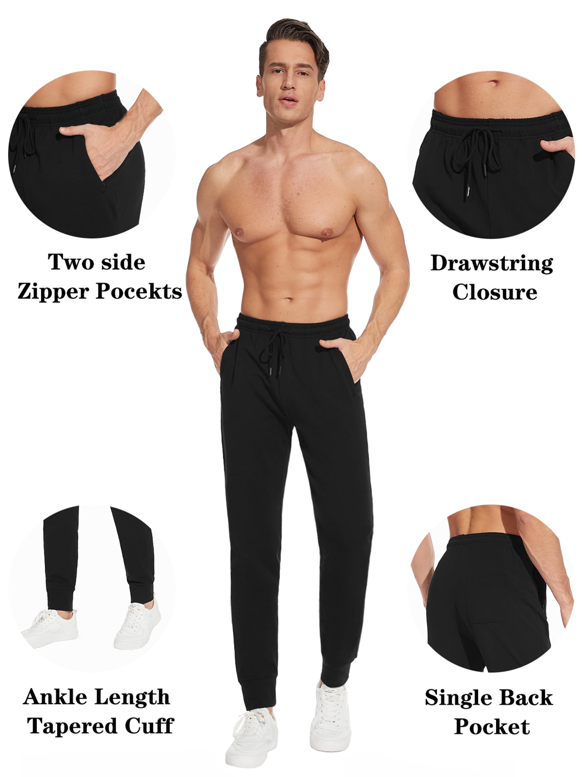 SEVEGO Men's 34" Inseam Tall Lightweight Cotton Joggers with Zipper Pockets Active Sweatpants Work Sports Track Pants Black XL