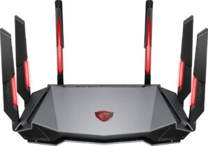 msi radix axe6600 wifi 6e tri-band gaming router, ai qos, rgb, 1.8ghz quad-core processor, mu-mimo, gigabit wireless, 8-stream, high speed long range