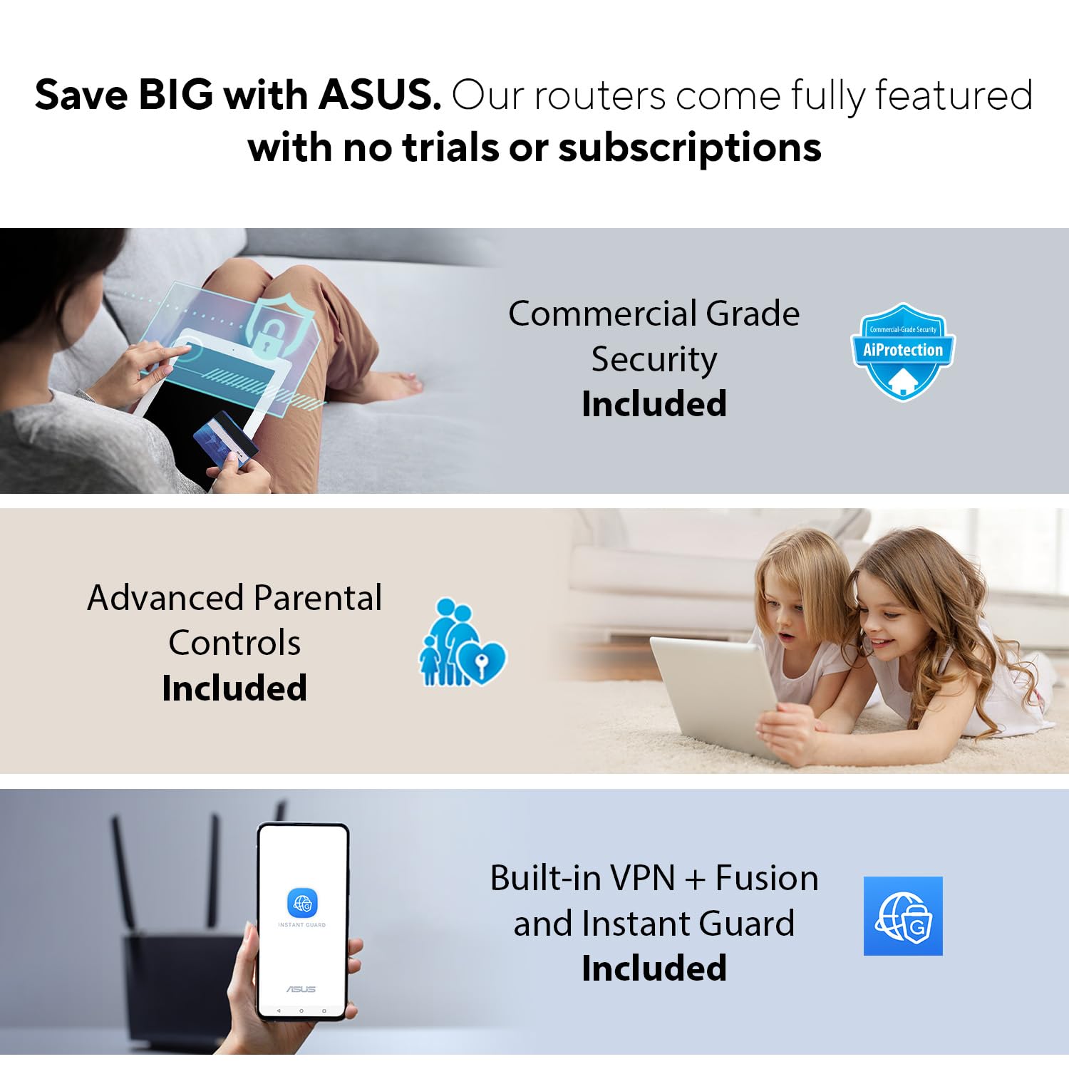 ASUS RT-BE96U BE19000 802.11BE Tri-Band Performance WiFi 7 Extendable Router with 6GHz support, Dual 10G Port, 320Mhz, lifetime internet security , MLO, Multi-RU puncturing , AiMesh Support