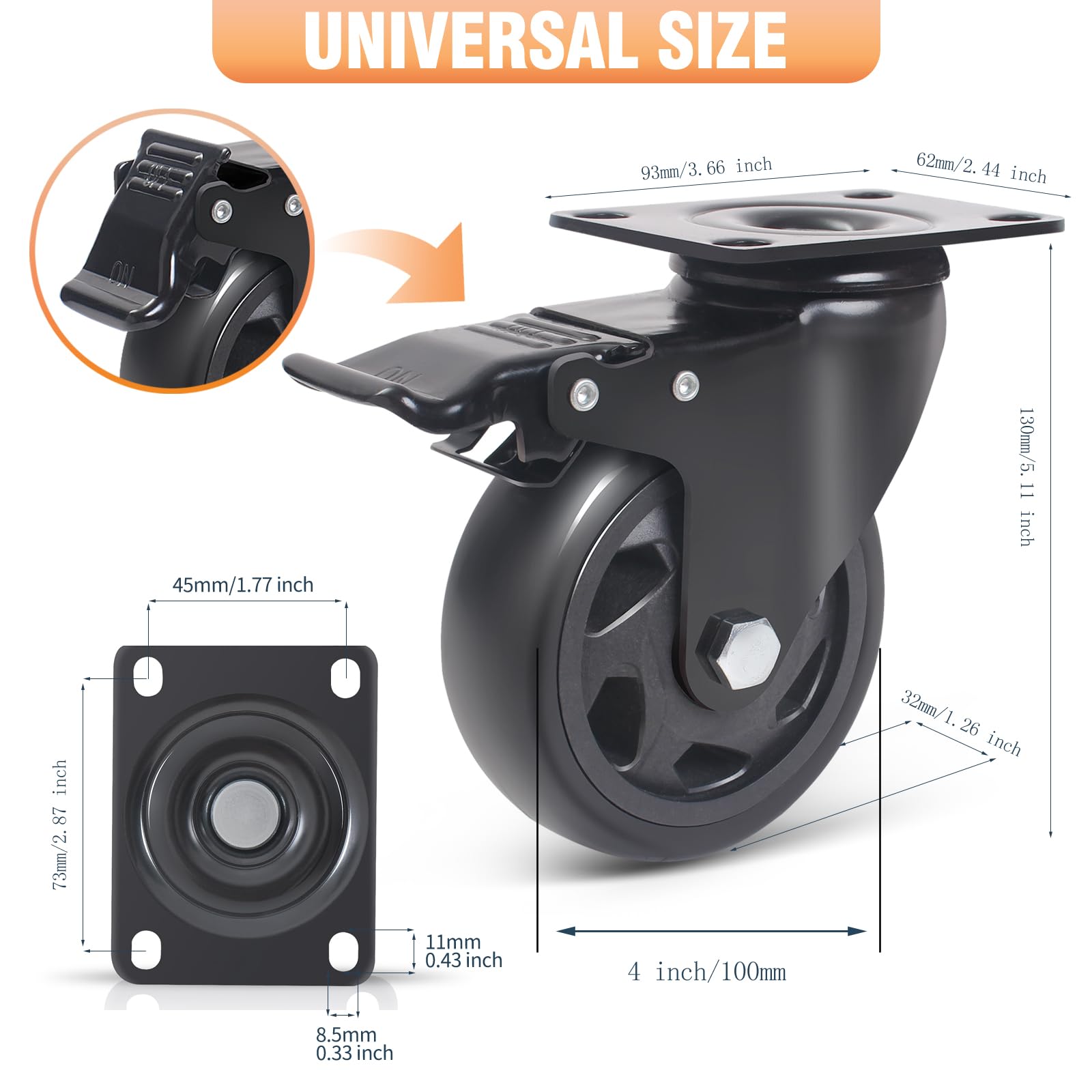 4 Inch Caster Wheels 2000lbs,Casters Set of 4,Heavy Duty Plate Casters with Double Ball Bearings,YAEMIKY Premium Polyurethane Swivel Caster Wheels for Cart,Furniture,Workbench（16pcs Screws Included)