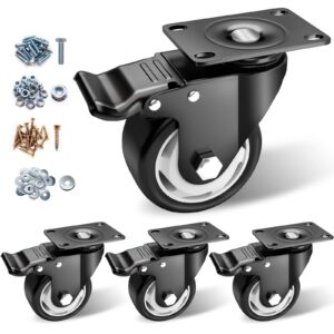 caster wheels - 3 inch casters set of 4 heavy duty, bosgeot locking industrial casters with 360 degree no noise polyurethane wheels, swivel plate casters with brake - pack of 4