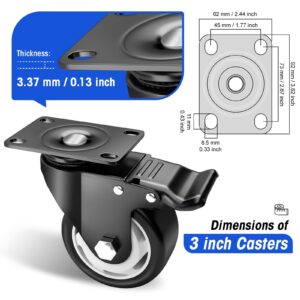 Caster Wheels - 3 Inch Casters Set of 4 Heavy Duty, BOSGEOT Locking Industrial Casters with 360 Degree No Noise Polyurethane Wheels, Swivel Plate Casters with Brake - Pack of 4