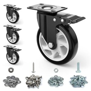 5 inch caster wheels, heavy duty 5” casters set of 4 with brake, tonsum no noise polyurethane (pu) wheels and safety dual locking casters, swivel plate castors (two hardware kits for free) (5inch)