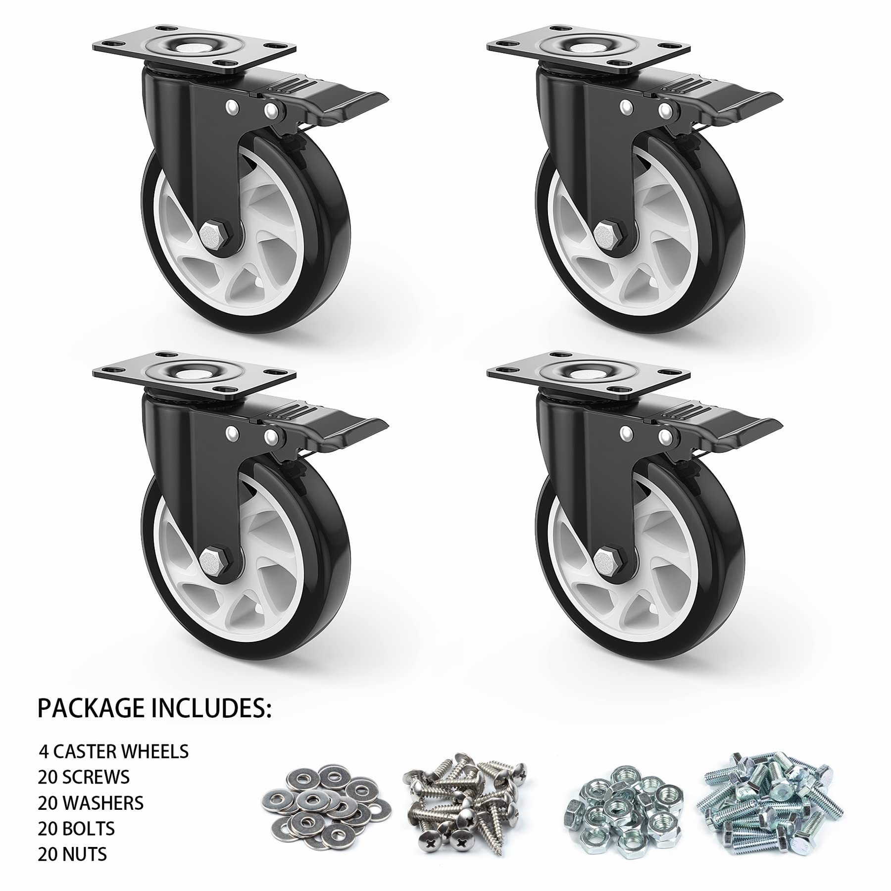 5 Inch Caster Wheels, Heavy Duty 5” Casters Set of 4 with Brake, TONSUM No Noise Polyurethane (PU) Wheels and Safety Dual Locking casters, Swivel Plate Castors (Two Hardware Kits for Free) (5inch)