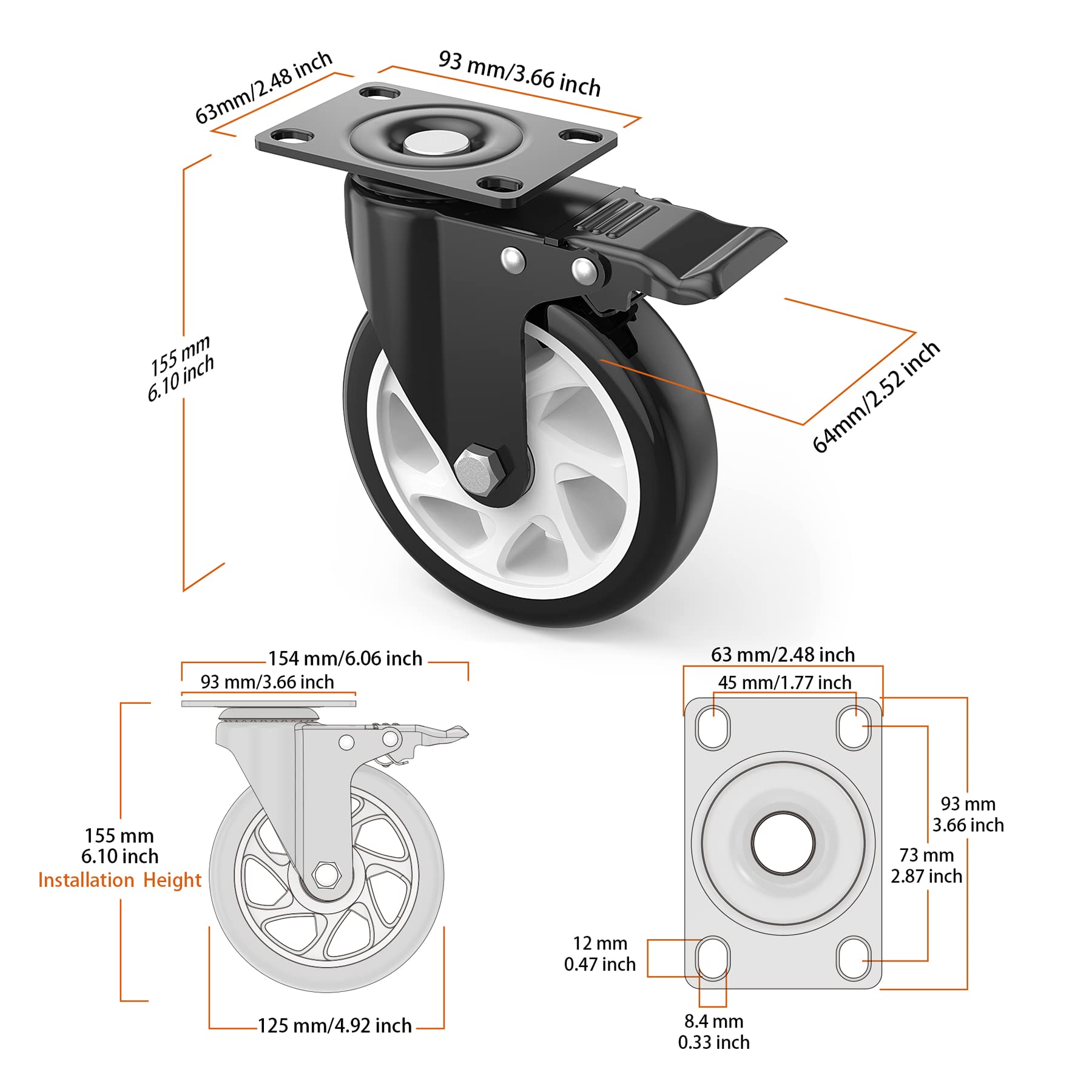 5 Inch Caster Wheels, Heavy Duty 5” Casters Set of 4 with Brake, TONSUM No Noise Polyurethane (PU) Wheels and Safety Dual Locking casters, Swivel Plate Castors (Two Hardware Kits for Free) (5inch)