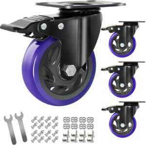 4 inch caster wheels with brake, heavy duty casters set of 4 2000lbs, swivel plate casters with double ball bearings, industrial caster wheels for cart,furniture,workbench,trolley(two hardware kits)