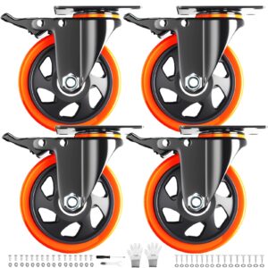 4 inch caster wheels heavy duty 2200lbs, casters set of 4 with safety dual locking, swivel industrial plate casters, no noise wheels for cart, furniture(bonus of 2 hardware kits & gloves)