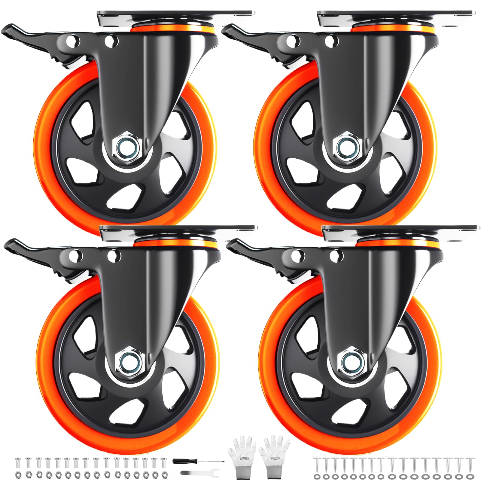 4 Inch Caster Wheels Heavy Duty 2200Lbs, Casters Set of 4 with Safety Dual Locking, Swivel Industrial Plate Casters, No Noise Wheels for Cart, Furniture(Bonus of 2 Hardware Kits & Gloves)