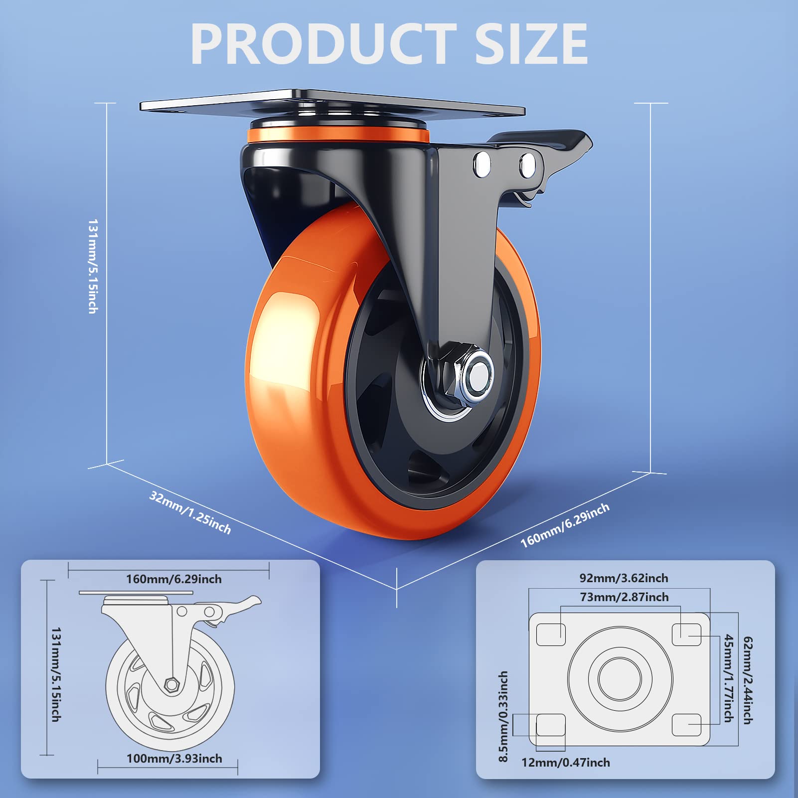 4 Inch Caster Wheels Heavy Duty 2200Lbs, Casters Set of 4 with Safety Dual Locking, Swivel Industrial Plate Casters, No Noise Wheels for Cart, Furniture(Bonus of 2 Hardware Kits & Gloves)