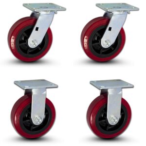 6" x 2" heavy duty caster set of 4-2 swivel casters and 2 rigid casters - 3600 lbs per set of 4 - (4 pack) - dark red polyurethane on black polyolefin core - casterhq brand casters