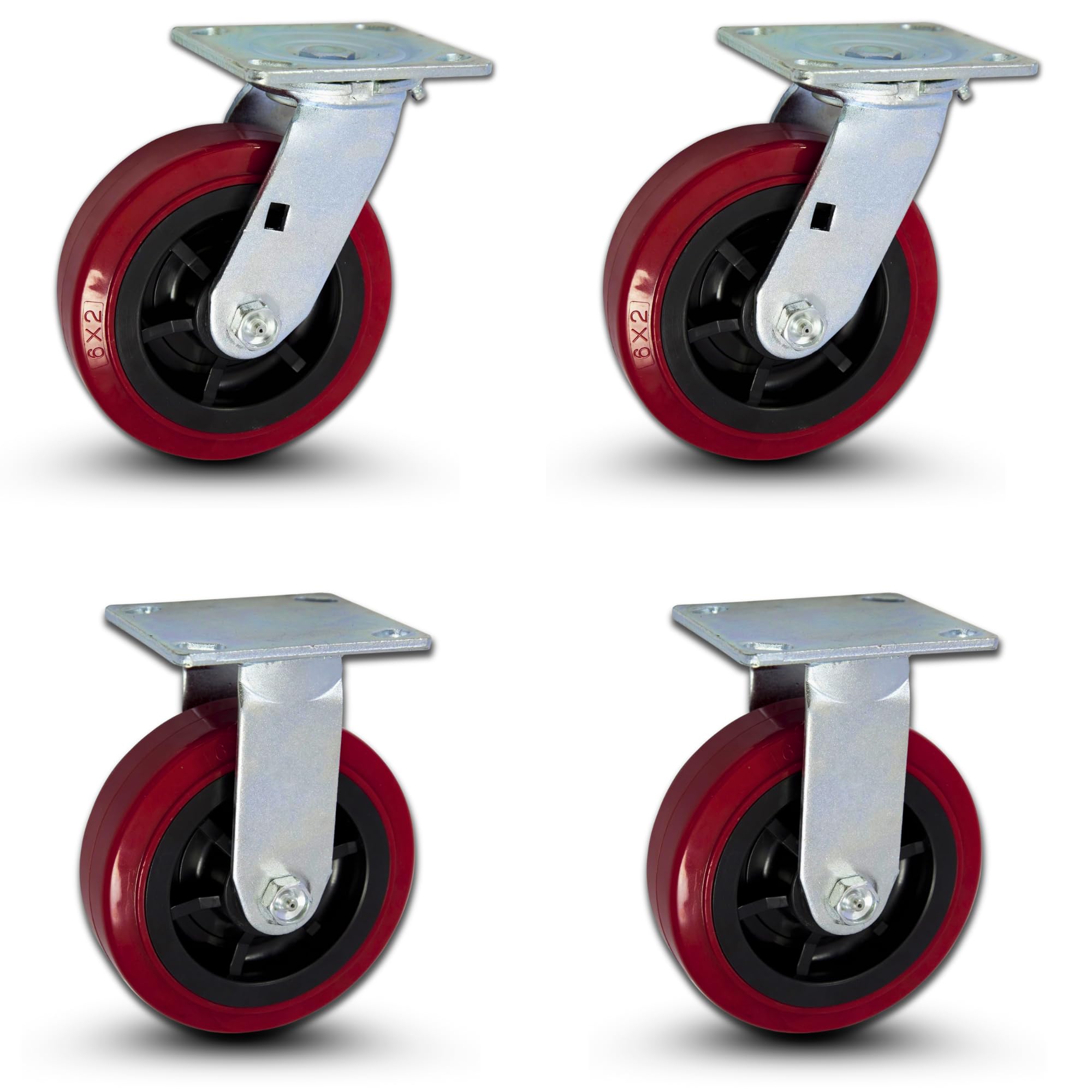 6" X 2" Heavy Duty Caster Set of 4-2 Swivel Casters and 2 Rigid Casters - 3600 lbs Per Set of 4 - (4 Pack) - Dark red Polyurethane on Black Polyolefin Core - CasterHQ Brand Casters