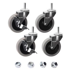 deliver 3 inch, locking swivel caster wheels, set of 4,heavy duty with nylon nuts for carts, replacement rubber wheels, threaded stem 3/8”-16 x 1” caster, 130 lbs per caster