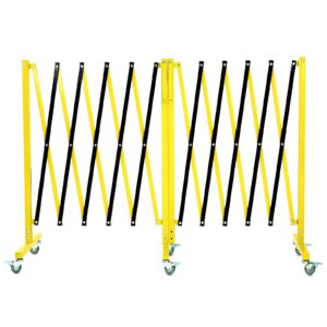 garvee 19.8 ft industrial expandable metal barricade, rotatable & portable safety barrier with a warning board and casters, retractable traffic fence mobile safety barrier gate yellow black