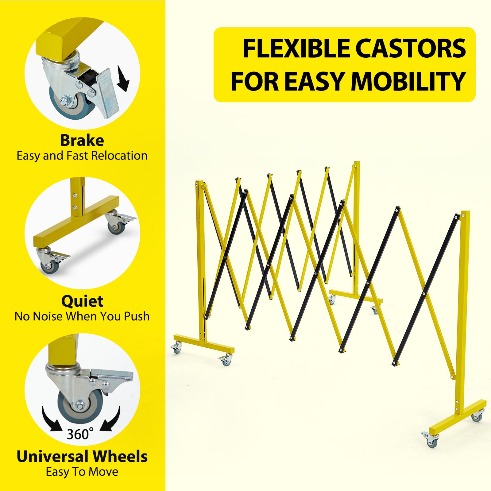 Garvee 19.8 FT Industrial Expandable Metal Barricade, Rotatable & Portable Safety Barrier with a Warning Board and Casters, Retractable Traffic Fence Mobile Safety Barrier Gate Yellow Black