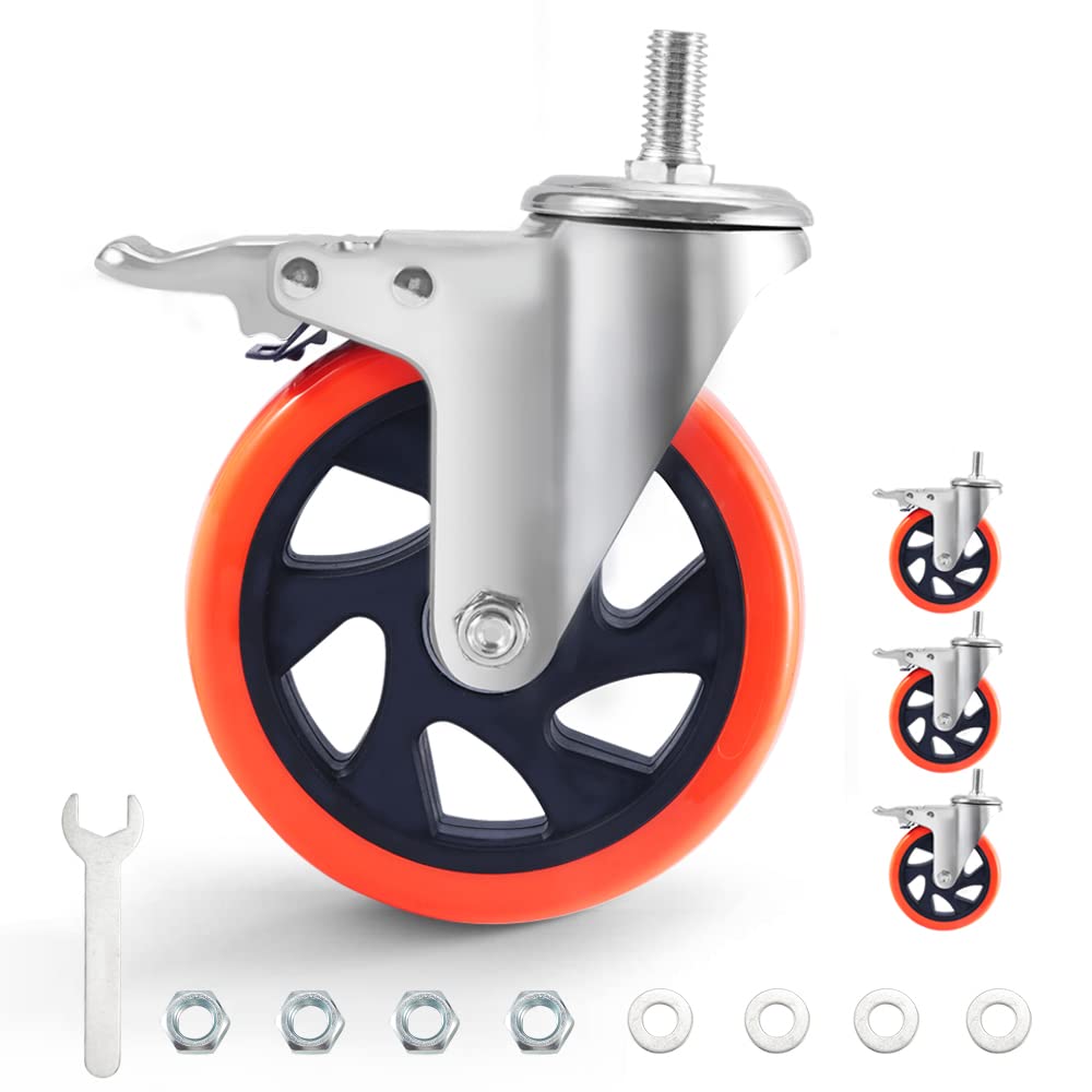 5 inch Casters Heavy Duty Swivel Threaded Stem Caster Wheels with Threaded Diameter 1/2''-13x1'' Length 1 Inch Thread Dual Locking Wheel with Brakes Pack of 4 (5 inch)