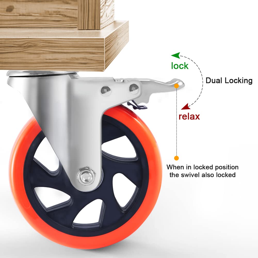 5 inch Casters Heavy Duty Swivel Threaded Stem Caster Wheels with Threaded Diameter 1/2''-13x1'' Length 1 Inch Thread Dual Locking Wheel with Brakes Pack of 4 (5 inch)