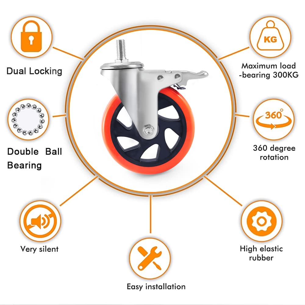 5 inch Casters Heavy Duty Swivel Threaded Stem Caster Wheels with Threaded Diameter 1/2''-13x1'' Length 1 Inch Thread Dual Locking Wheel with Brakes Pack of 4 (5 inch)