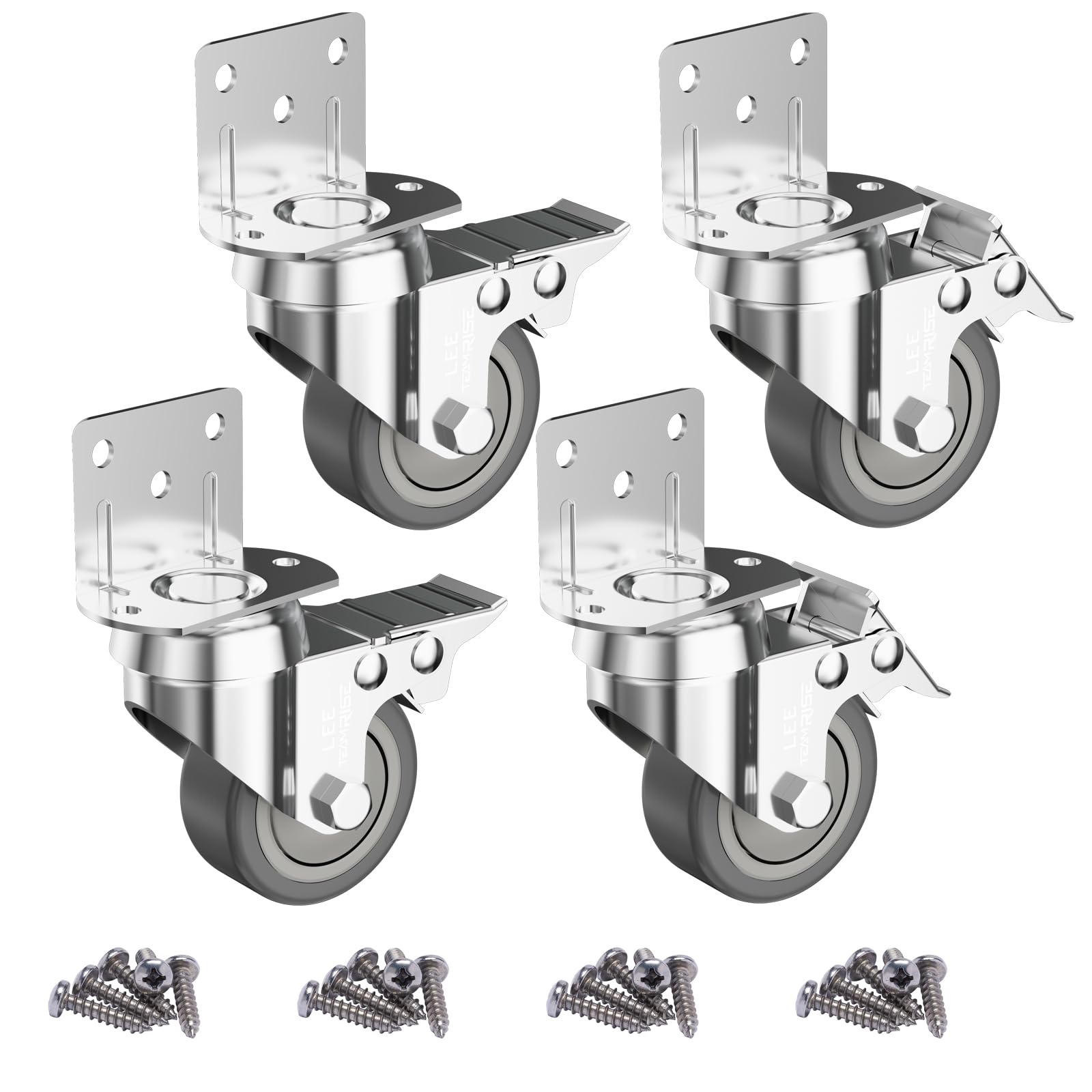 2" L-Shaped Caster Wheels Set of 4 Side Mount Casters with Brake 2 inch Dual Locking Swivel Castors and No Noise TPR Rubber Wheel No Floor Marks Silent Castor for Furniture Baby Bed Cabinet 440Lbs