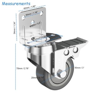 2" L-Shaped Caster Wheels Set of 4 Side Mount Casters with Brake 2 inch Dual Locking Swivel Castors and No Noise TPR Rubber Wheel No Floor Marks Silent Castor for Furniture Baby Bed Cabinet 440Lbs