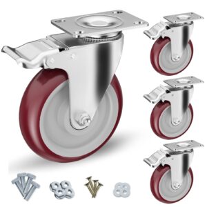 5 inch casters set of 4 heavy duty - caster wheels, cloatfet locking casters, swivel casters with brake (top plate), double ball bearing non marking castor wheels for cart furniture workbench