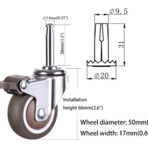 NERILEE 2 Inch Rubber Caster Wheel Set of 4(2 with Brakes & 2 Without) with 5/16" x 1-1/2" (8 x 38mm) Stem Sockets, for Furniture Crib Trolley Dining Car Casters